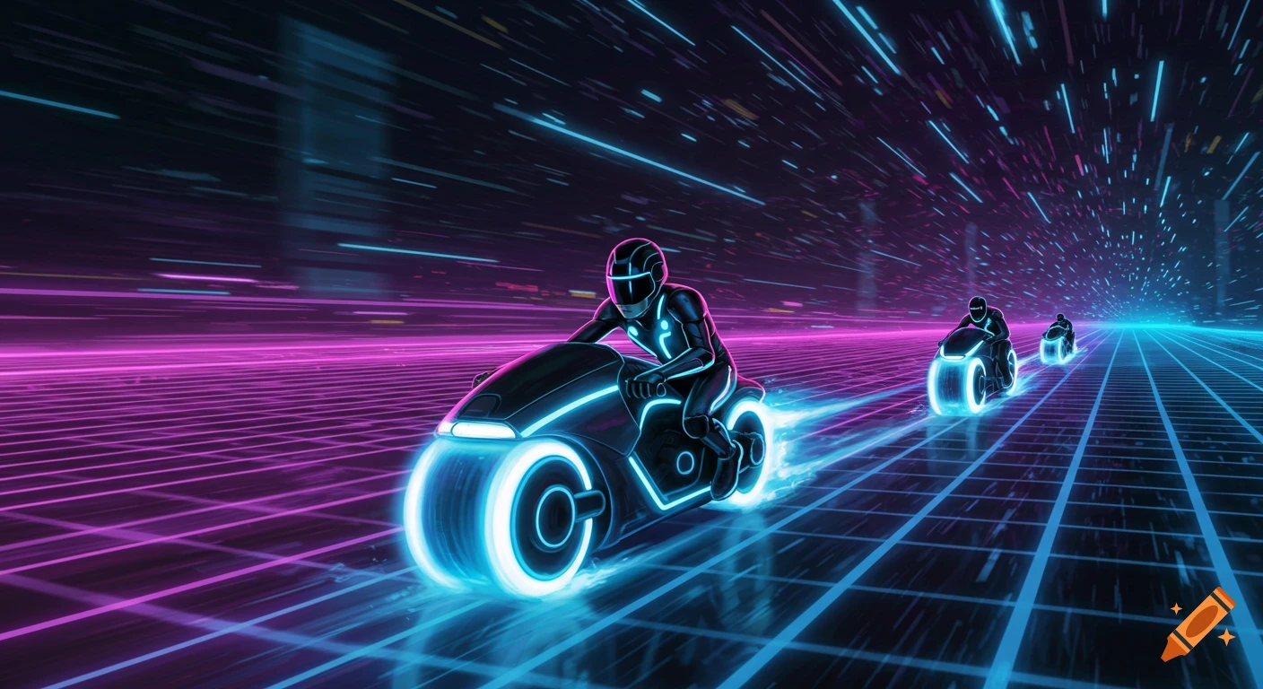 Futuristic light cycle riders race on a glowing grid in a sci-fi style ...