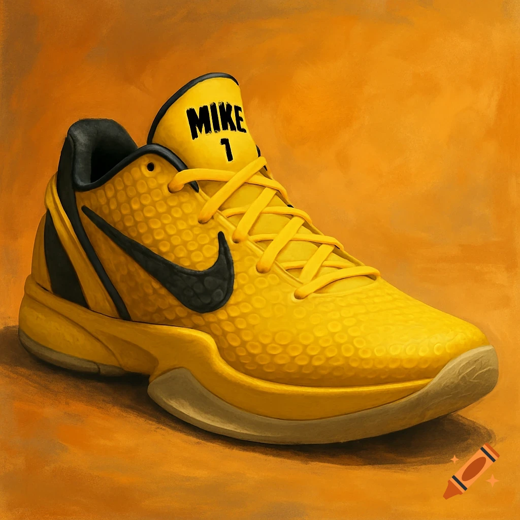 Yellow basketball shoe with black swoosh and 'MIKE 1' on the tongue, painterly style. on Craiyon