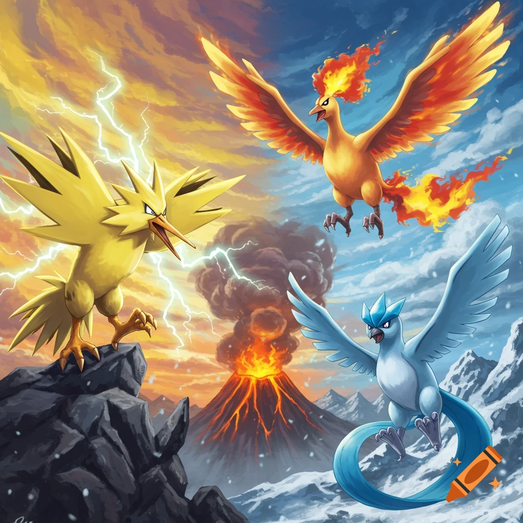 Three legendary Pokemon, Zapdos, Moltres, and Articuno, battle over a ...