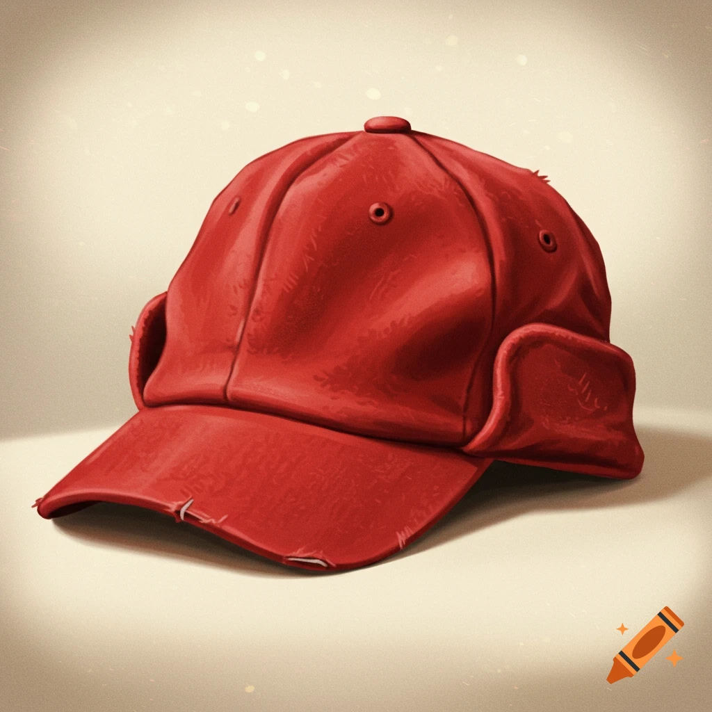 A red baseball cap with ear flaps, rendered in a painterly digital art ...