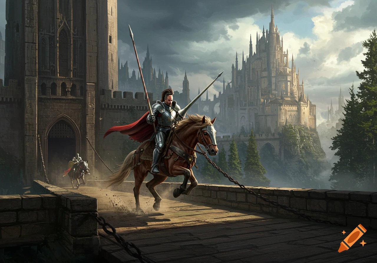 A knight in armor rides a horse across a drawbridge towards a large ...