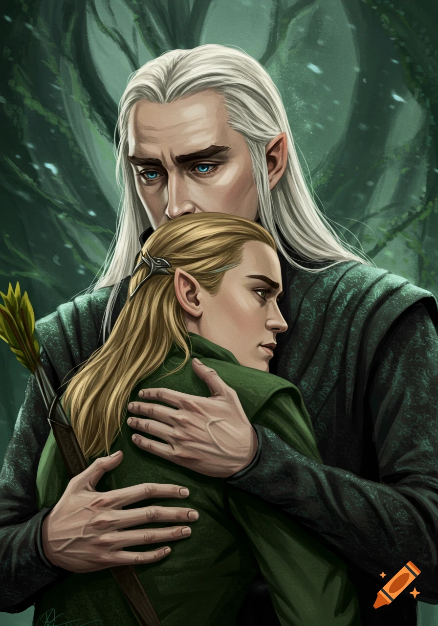 Digital painting of Thranduil embracing Legolas in a forest. on Craiyon
