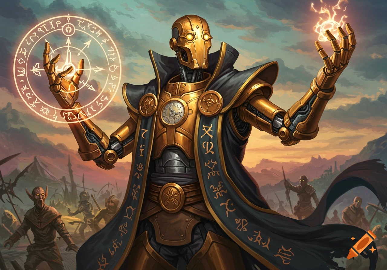 A golden robot sorcerer casts a magic spell. on Craiyon