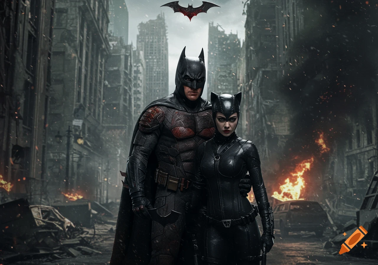 Batman and Catwoman stand in a ruined post-apocalyptic city under the ...