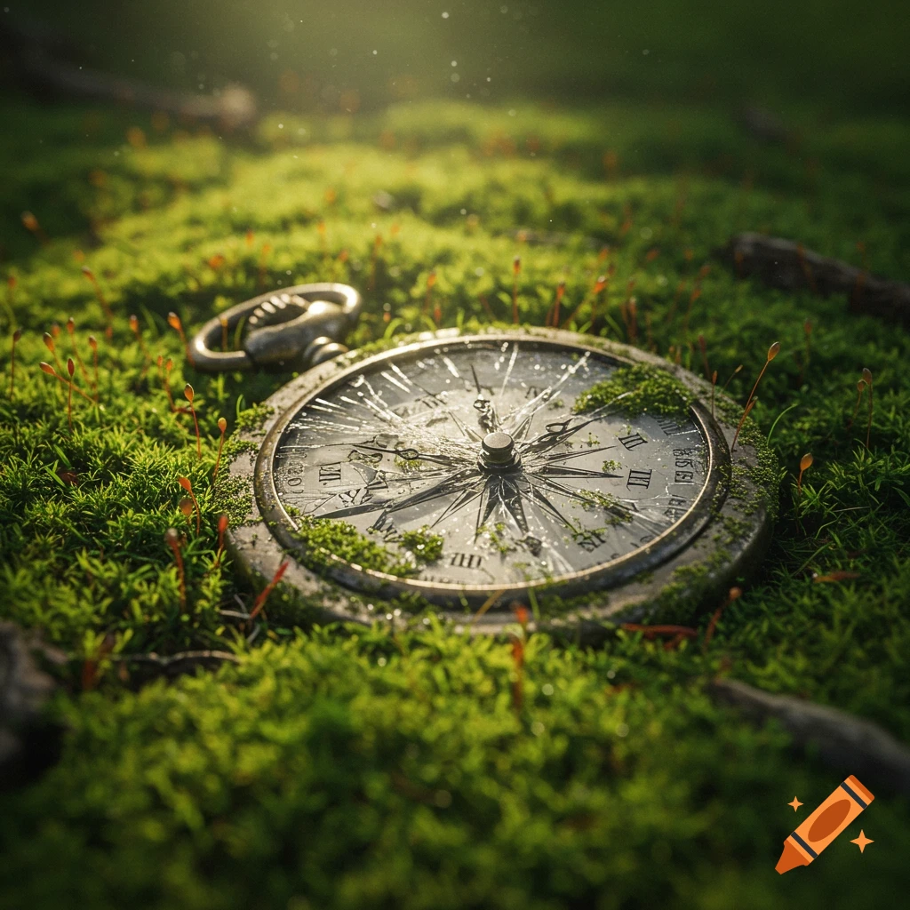 Close-up of a smashed pocket watch compass covered in moss in a forest ...