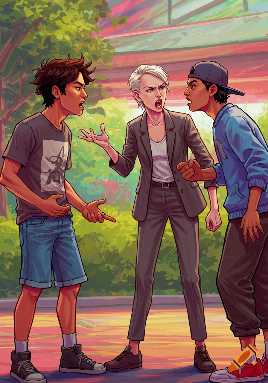 Three young people arguing in a vibrant comic book illustration style ...