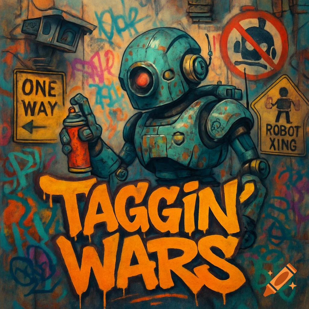 A robot doing graffiti on a wall covered in street art and signs, in a ...