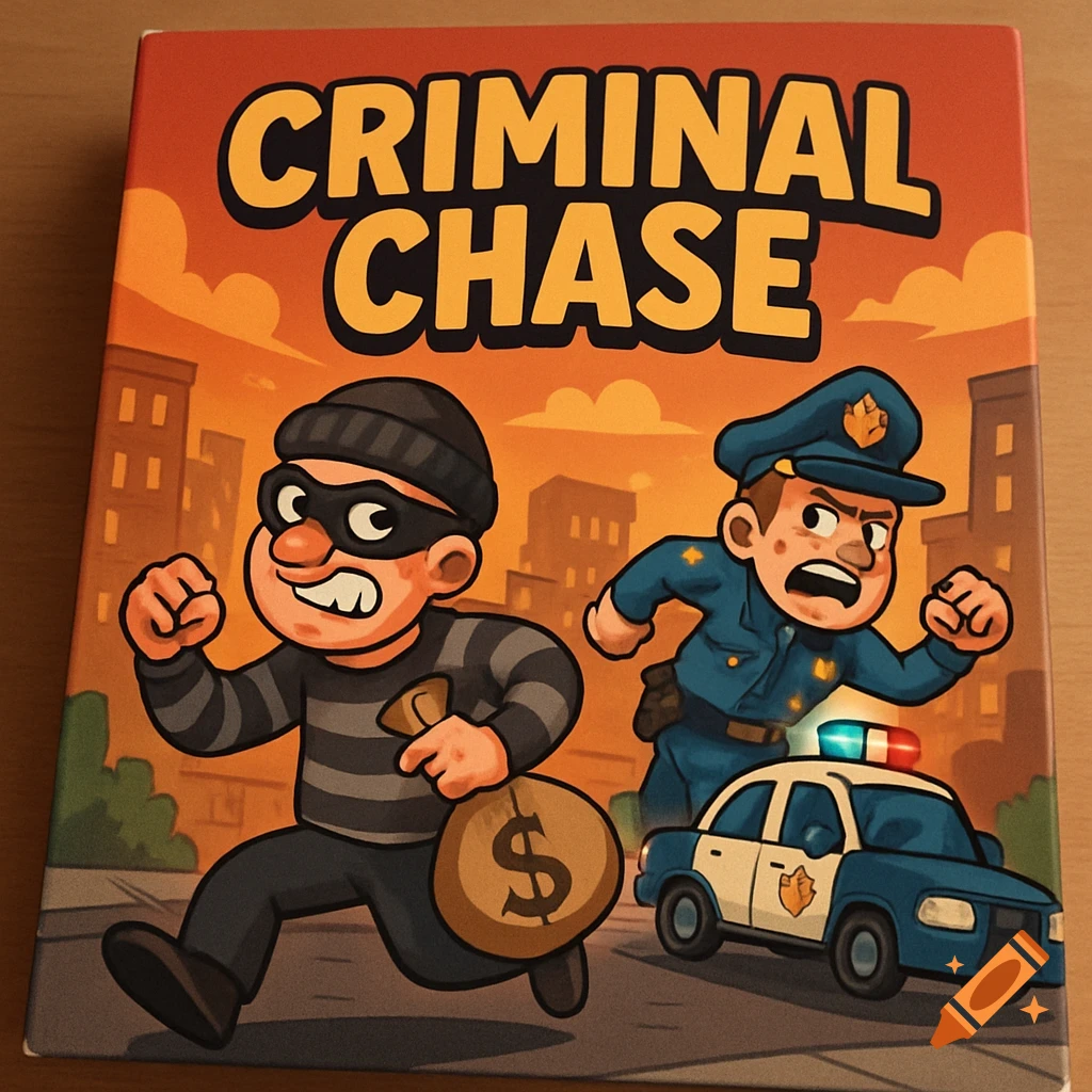 Cartoony illustration of a thief with a money bag chased by a police ...