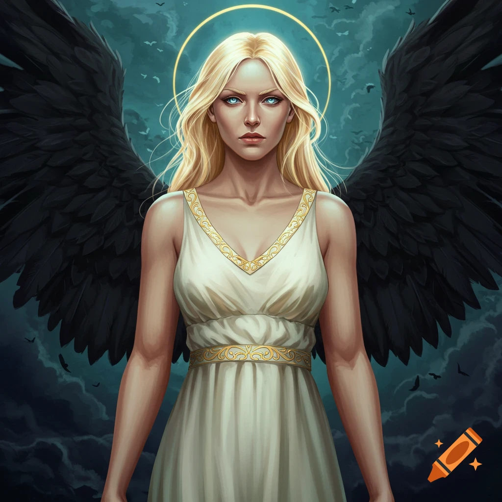 Illustration of a blonde woman with black wings and a halo wearing a ...