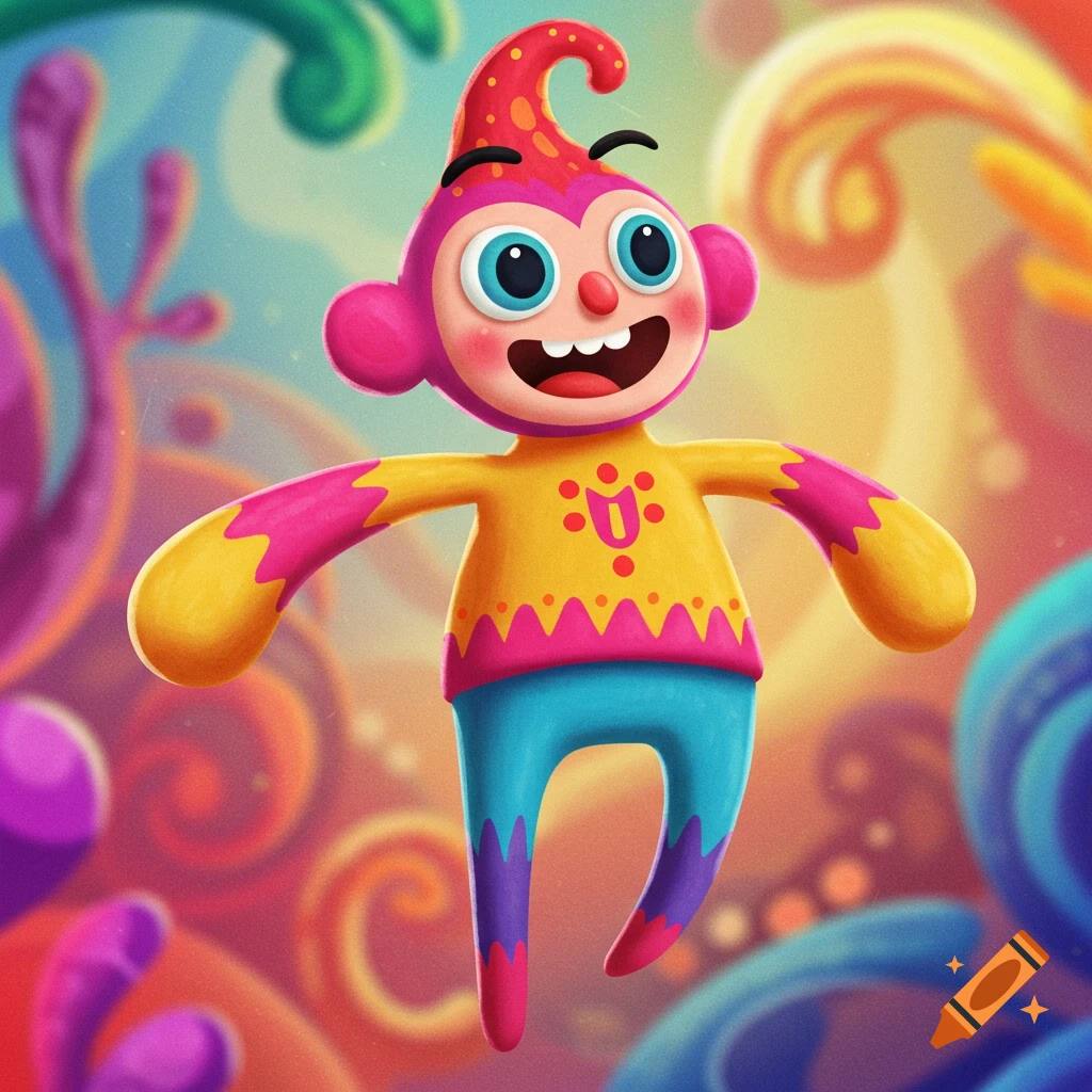 A bright, colorful cartoon character with big eyes and a pointy hat ...