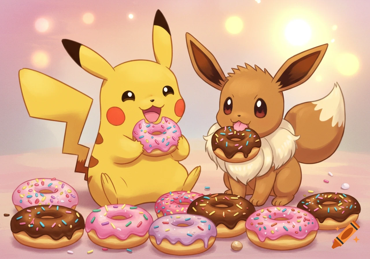 Cartoon style image of Pikachu and Eevee eating donuts with sprinkles ...