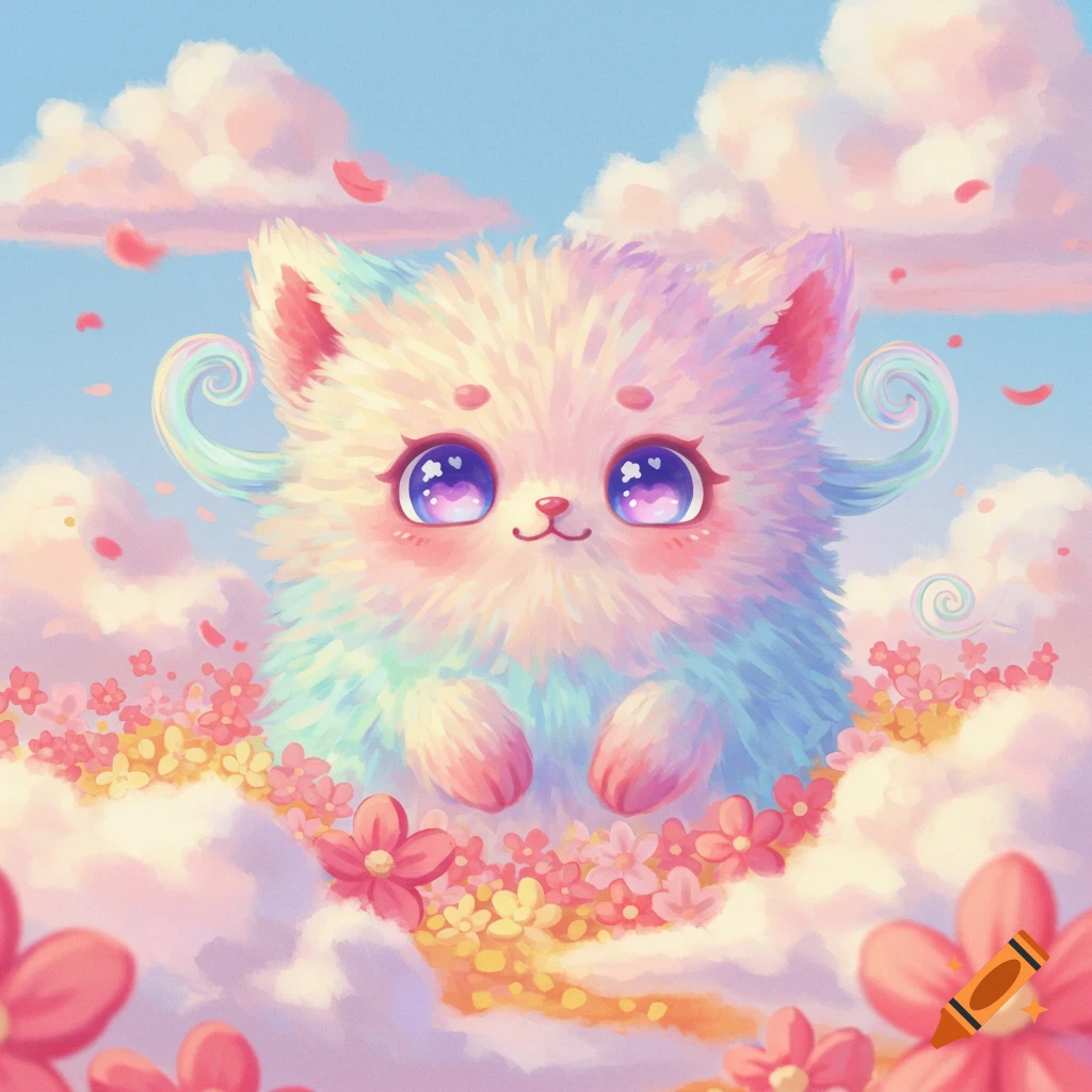 Cute fluffy creature with big eyes in a field of pink flowers and ...