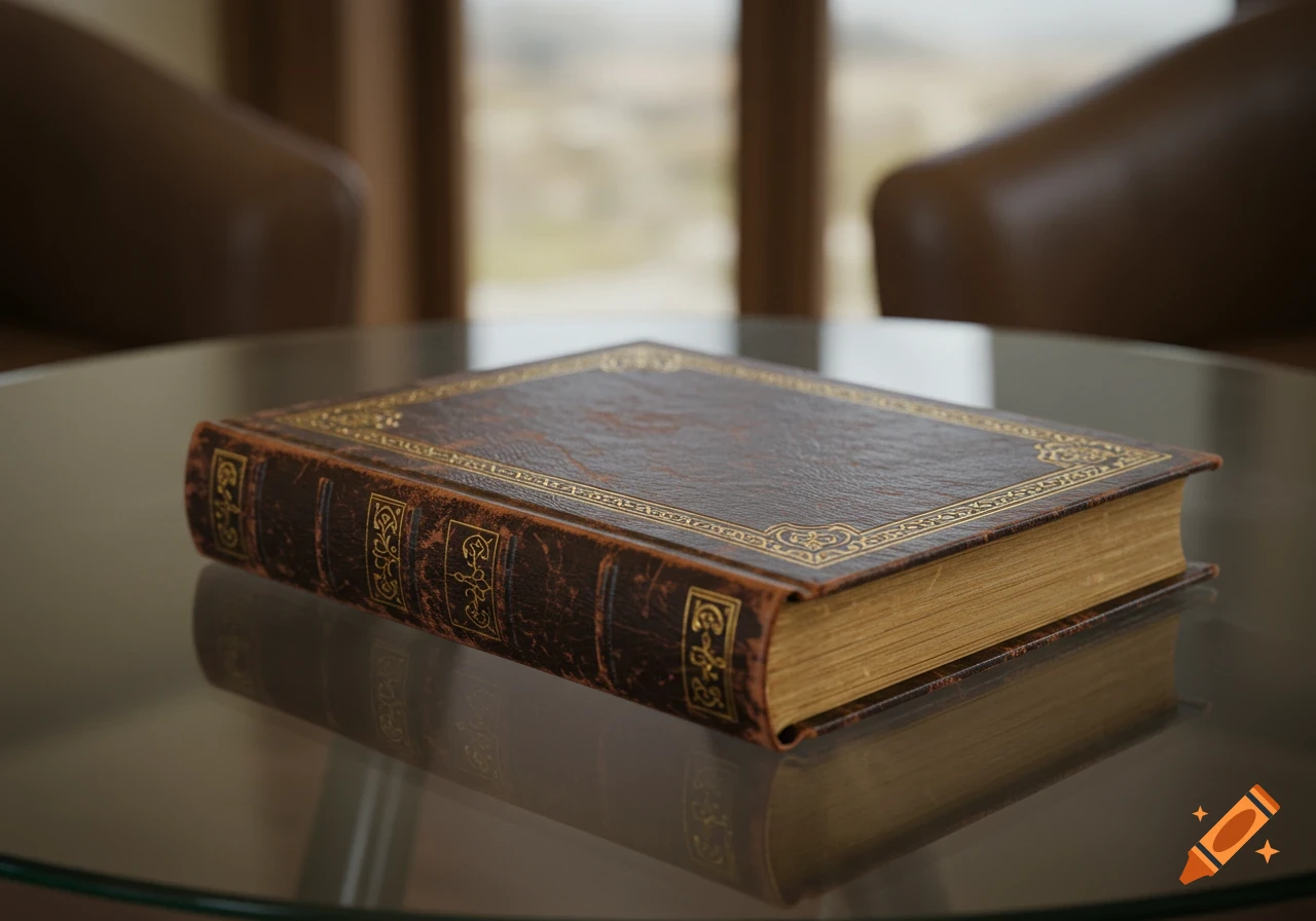 Close-up of an ornate dark brown book with gold trim on a reflective glass table. on Craiyon