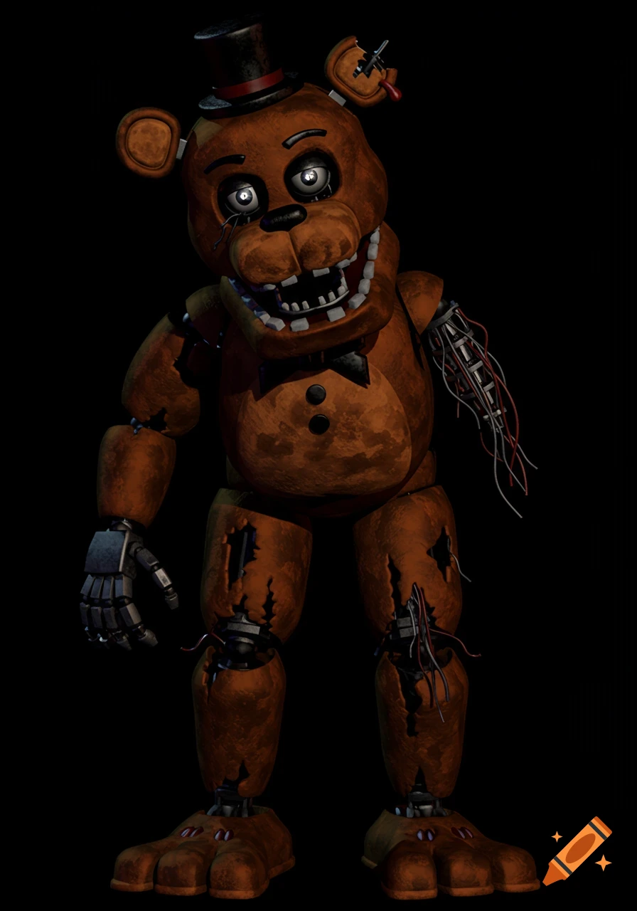 A weathered brown bear animatronic character with a top hat and bowtie ...