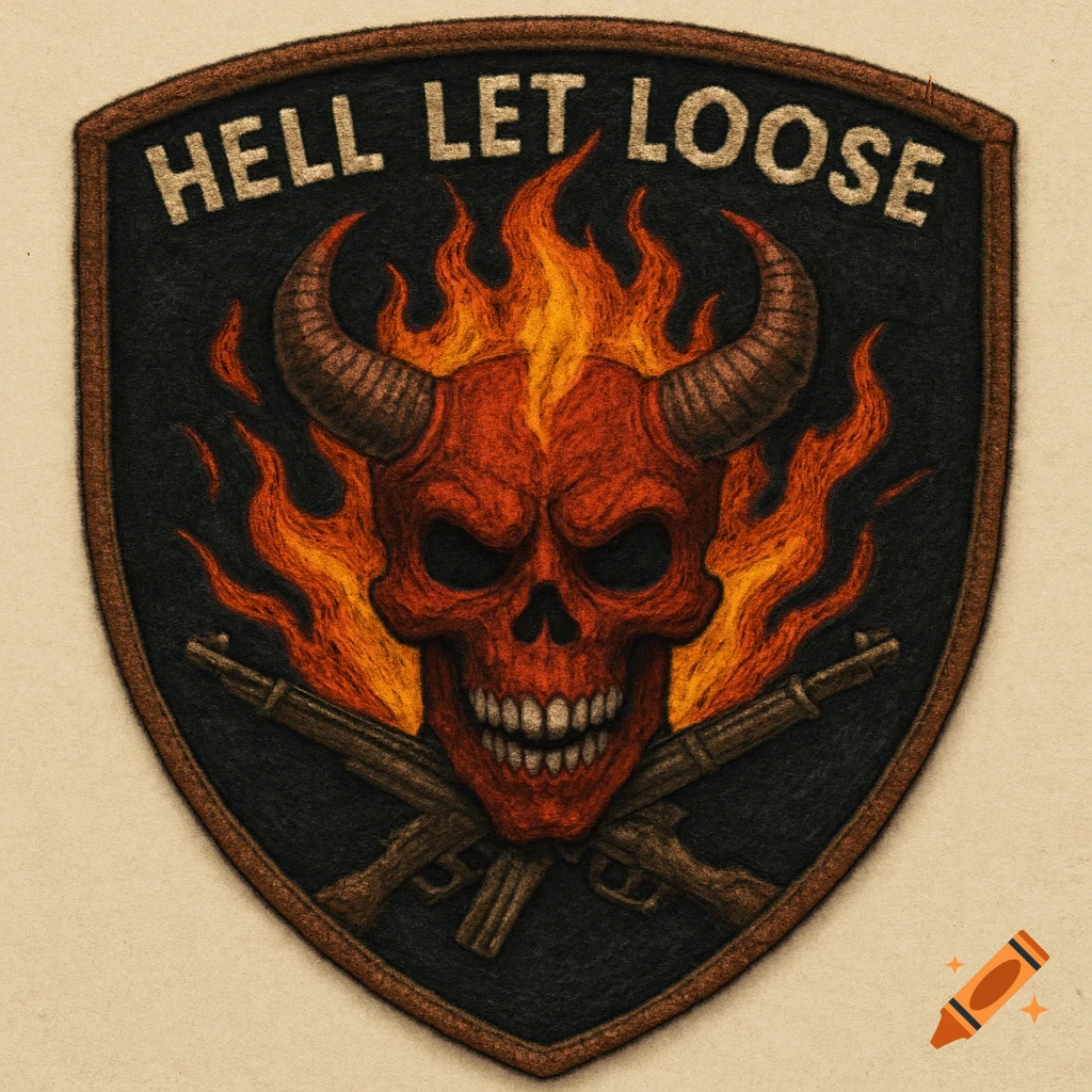 Stylized patch with red skull, horns, flames, crossed rifles, and text 'HELL LET LOOSE' on Craiyon