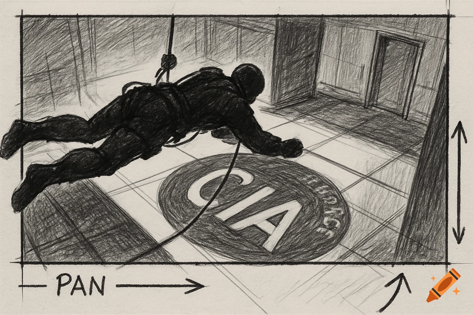 Sketch of a figure rappelling into a room with a CIA logo on the floor ...