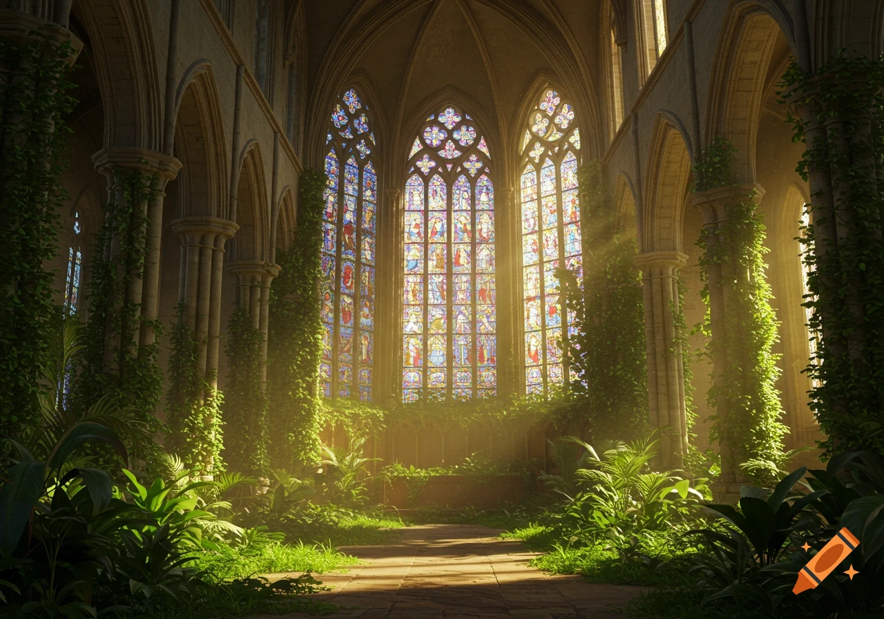 Overgrown Gothic cathedral interior with lush plants and sunlight streaming through large ...