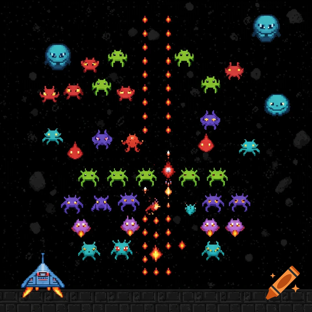 Pixel art arcade game screen showing a spaceship firing at colorful ...