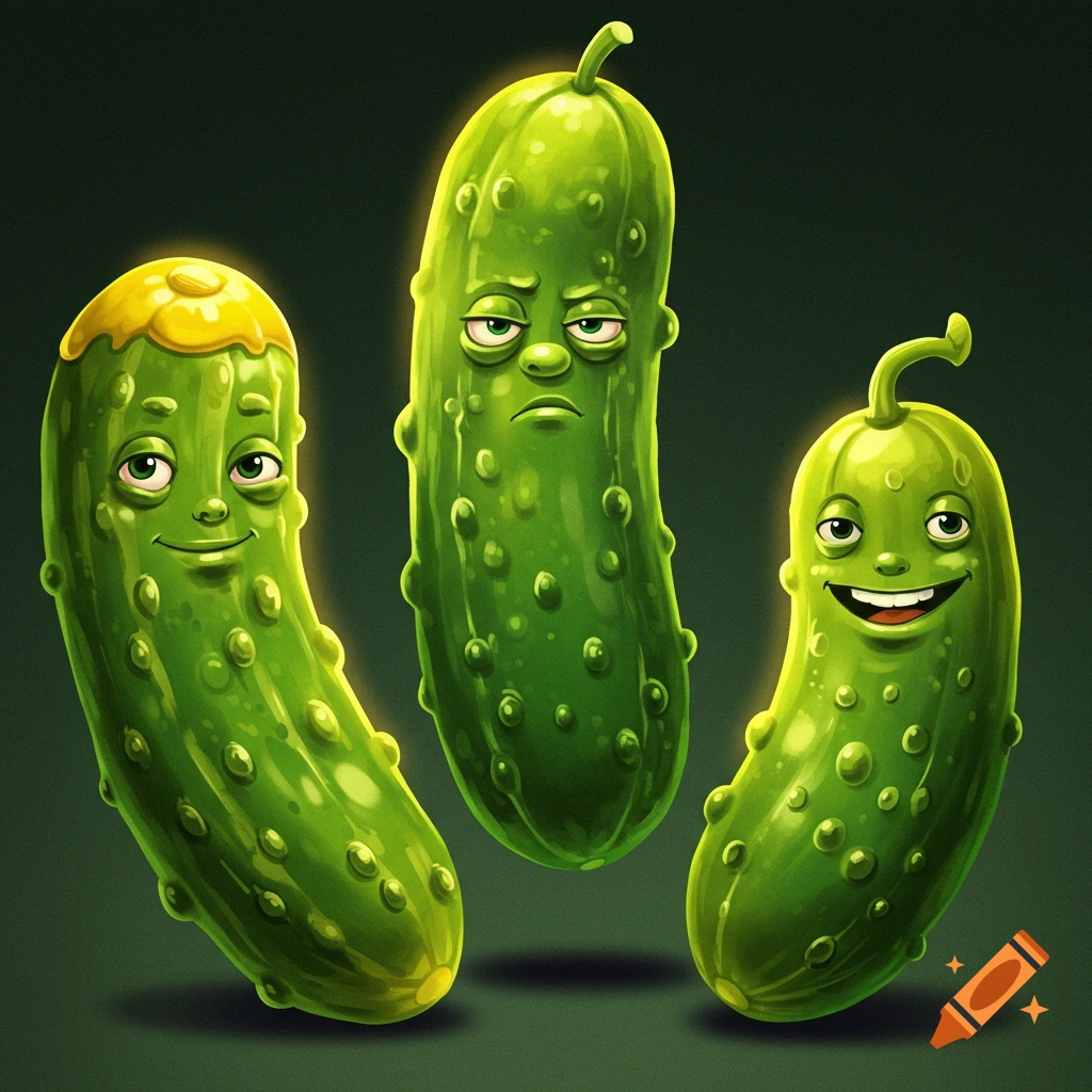 Three cartoon pickles with different expressions on Craiyon