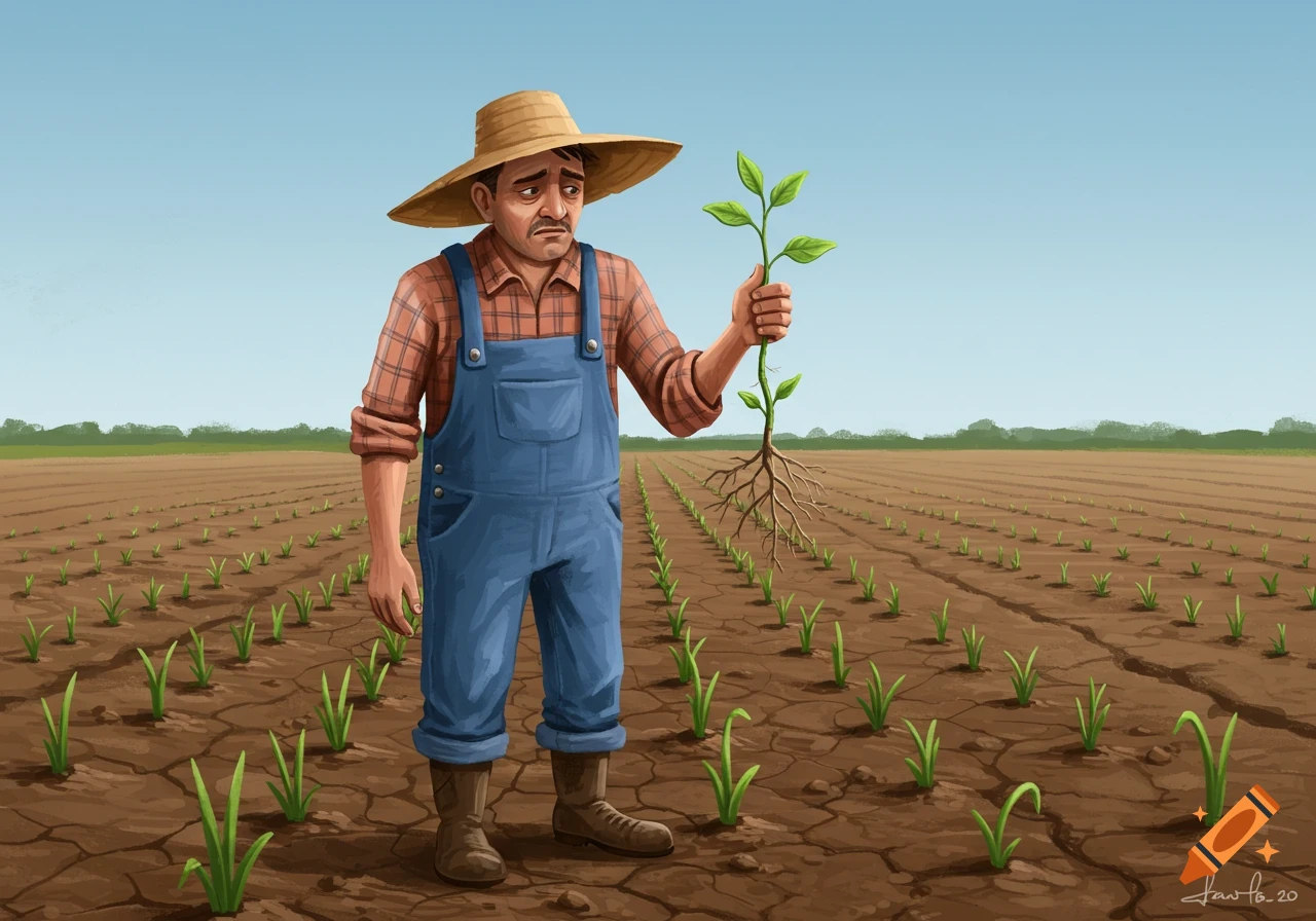 Sad farmer holds a weak plant in a dry field with cracked soil ...
