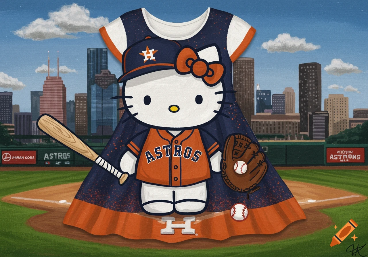Cartoon Hello Kitty in Houston Astros uniform with baseball bat and ...