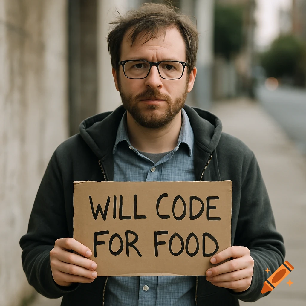 A man holds a cardboard sign that reads "WILL CODE FOR FOOD" on a ...