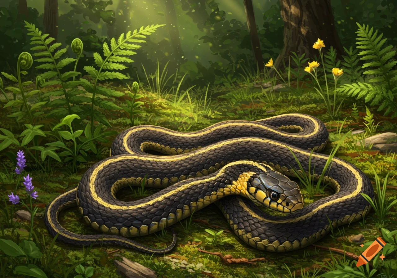 An Eastern garter snake coiled in a sunlit forest clearing surrounded by ferns and flowers. on ...