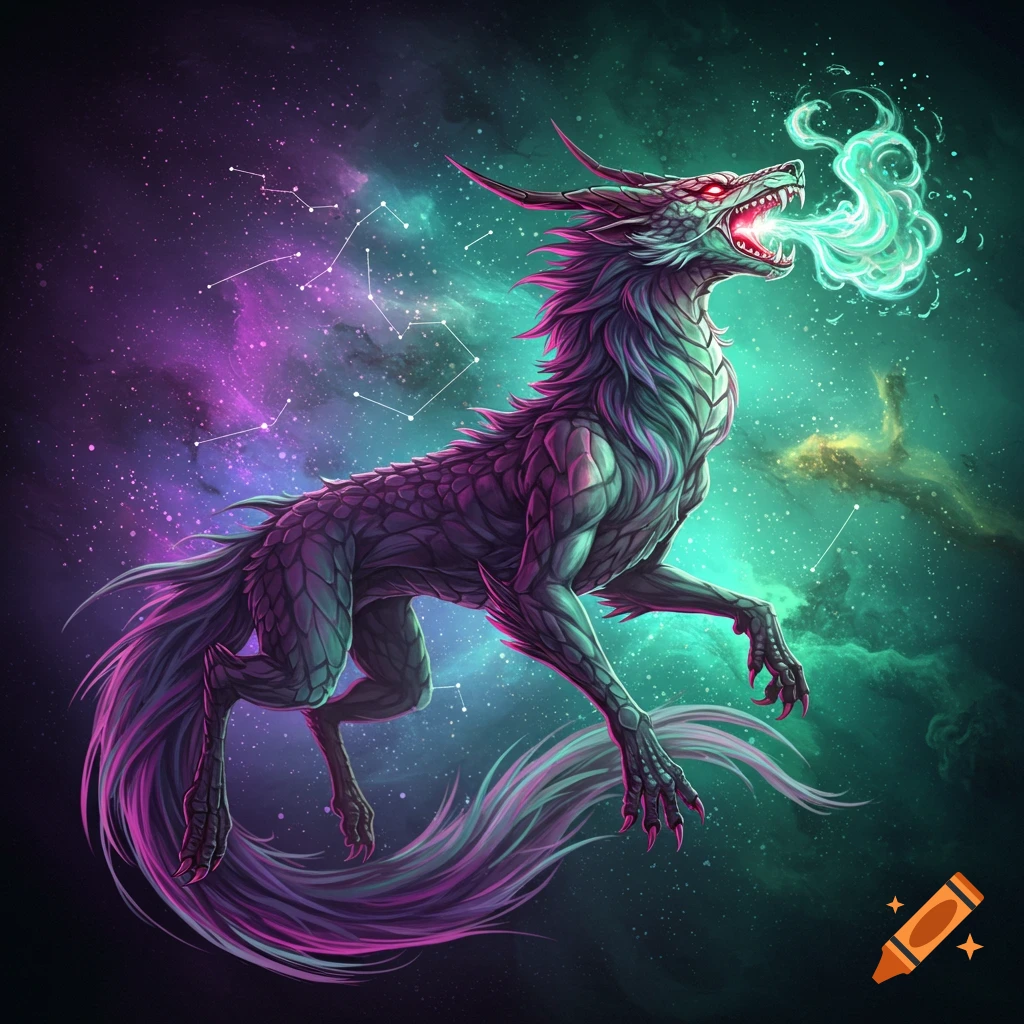 A green and purple fantasy dragon breathes glowing mist in a starry ...