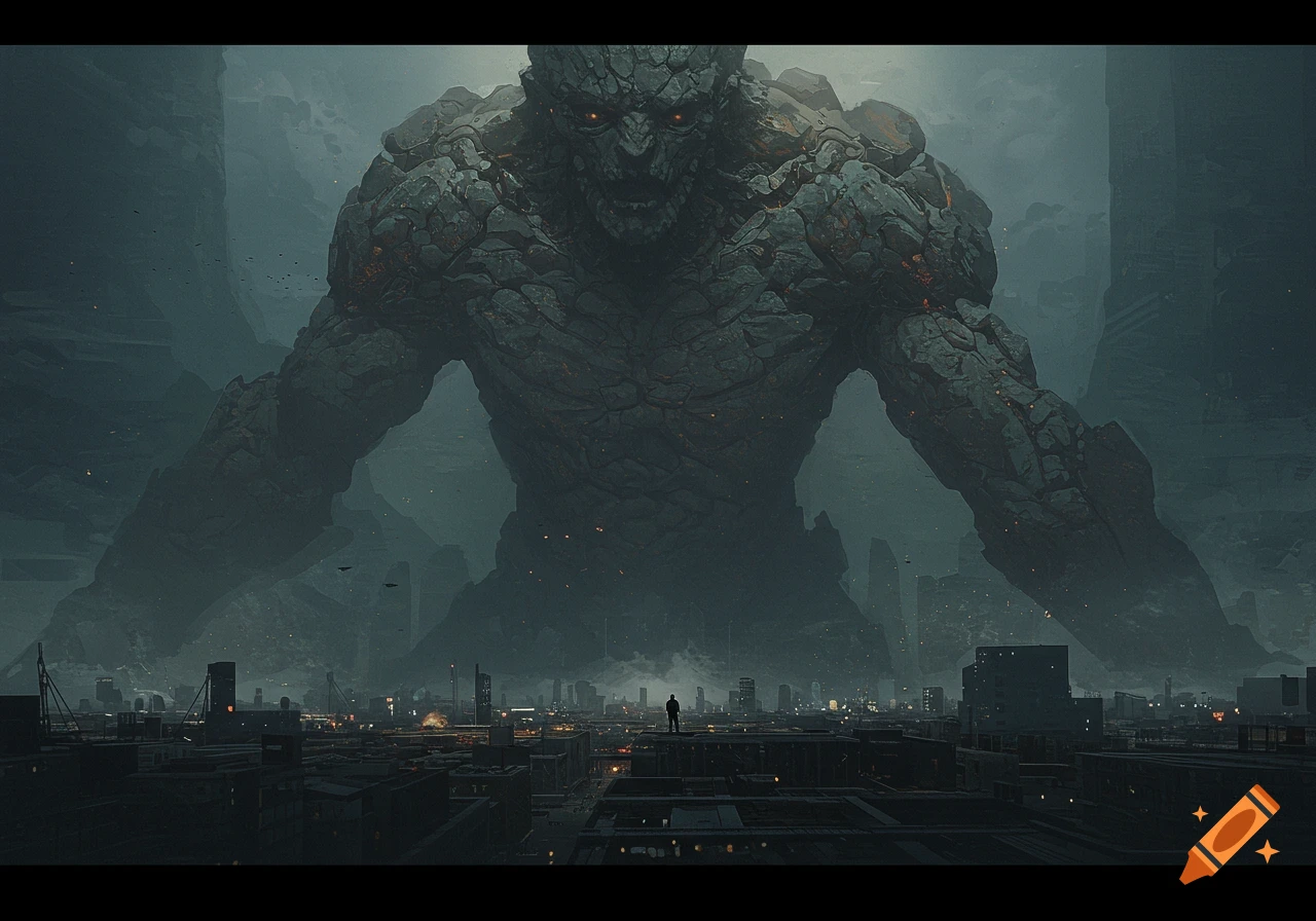 Giant rocky monster looms over a dark city at night with a small human ...