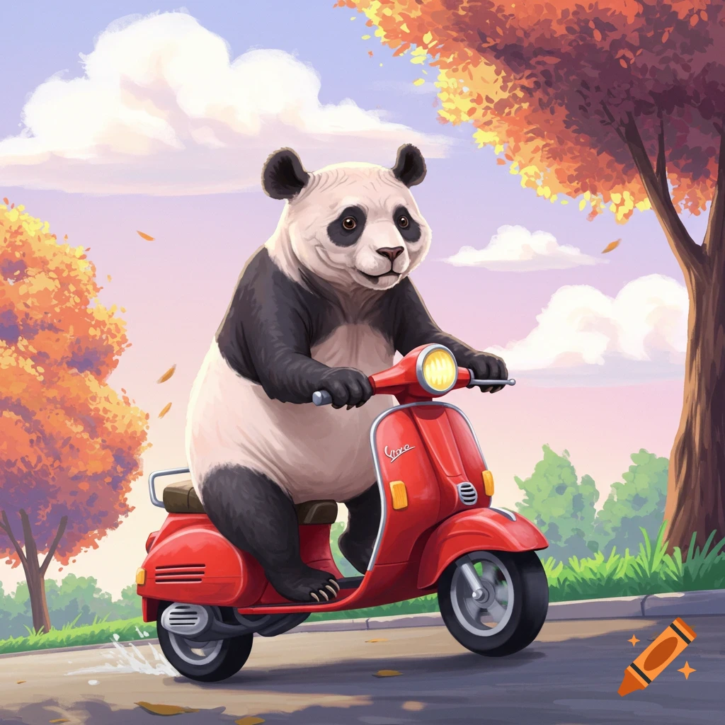 A cartoon panda rides a red scooter on a road in autumn. on Craiyon