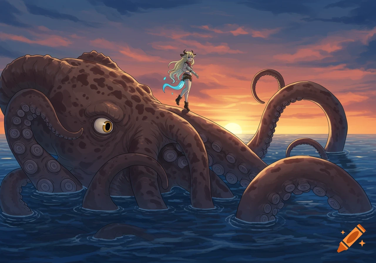 Anime style illustration of a humanoid figure standing atop a giant ...