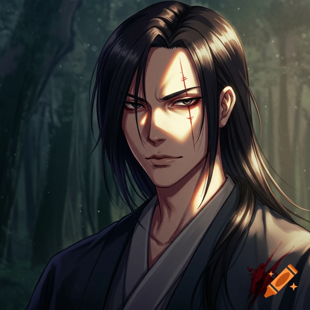 Anime portrait of a man with long black hair and a scar, wearing a ...