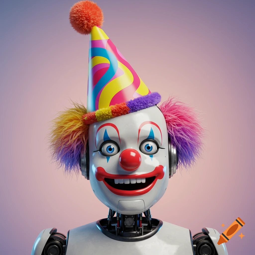 A robotic head with clown makeup, a colorful striped party hat, and ...