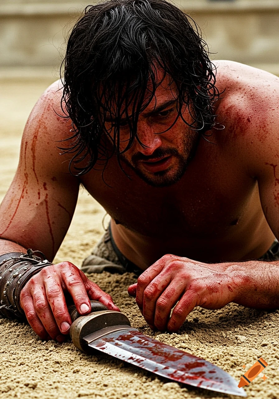 Bloody gladiator kneels in sand, holding a bloody knife. Close-up ...