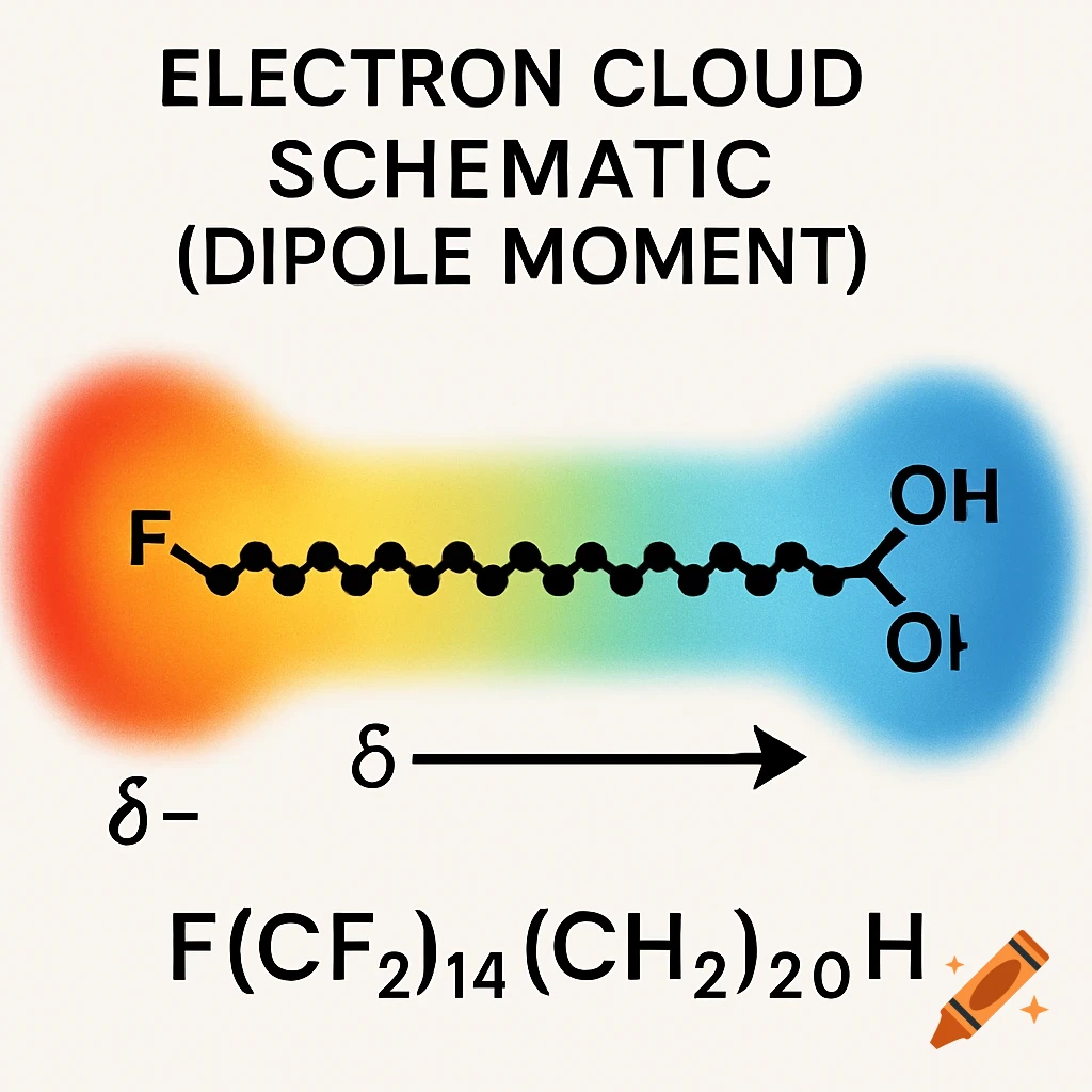 Electron cloud schematic showing a molecule with dipole moment and chemical formula. on Craiyon