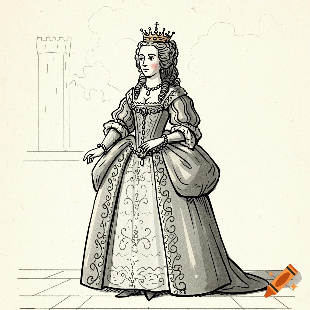 Drawing of a 17th century queen in a crown and elaborate dress. on Craiyon