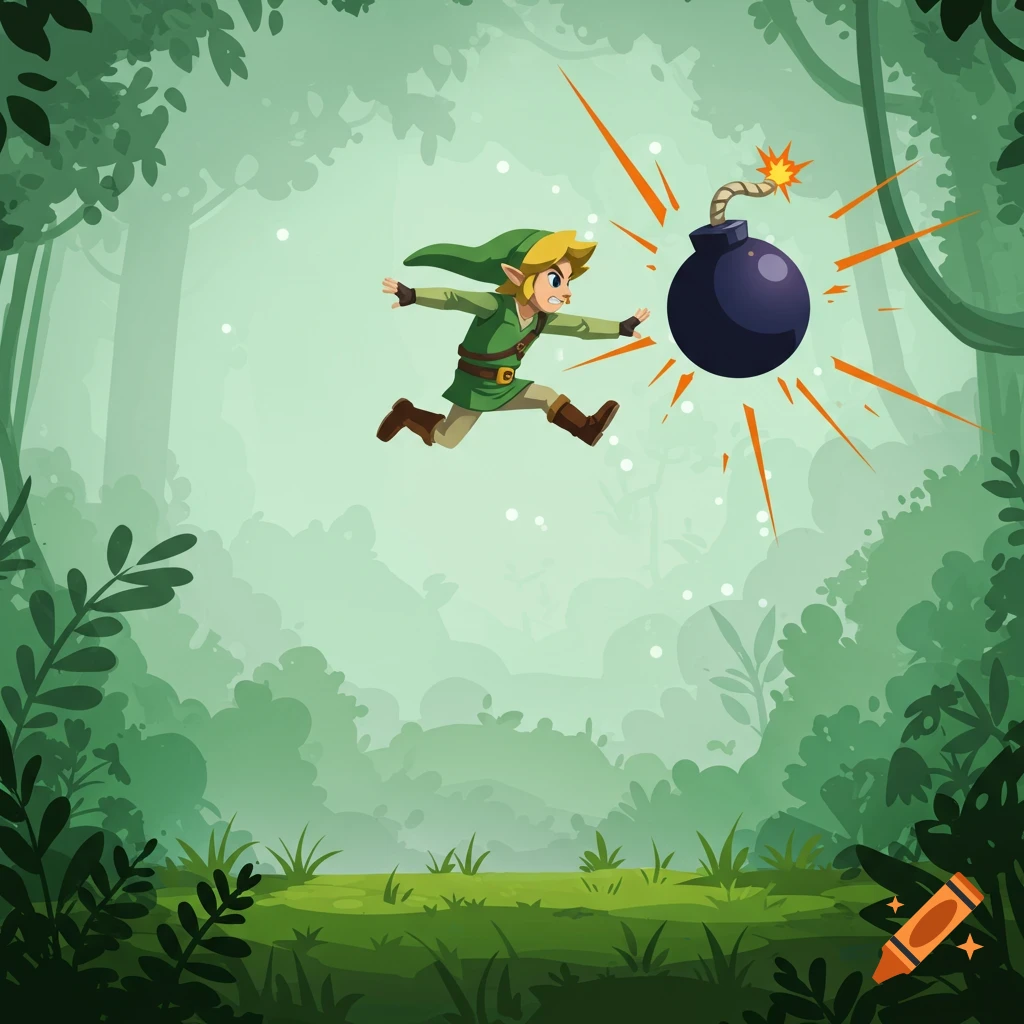 Cartoon style Link jumping away from a bomb in a misty forest. on Craiyon