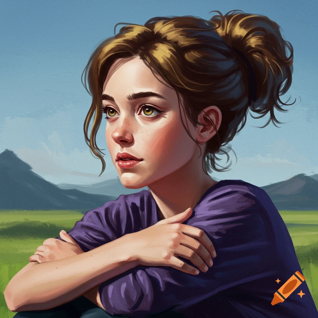 Painterly portrait of a young woman sitting in a field, looking into ...