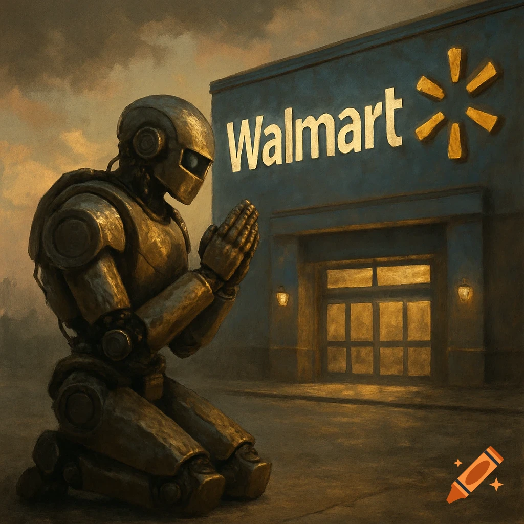 A robot kneels and prays in front of a Walmart store in a painterly ...