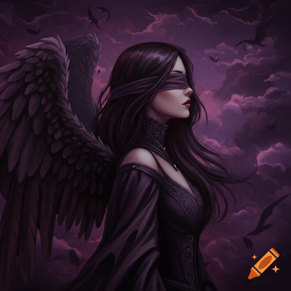A blindfolded gothic angel with large black wings stands against a dark ...
