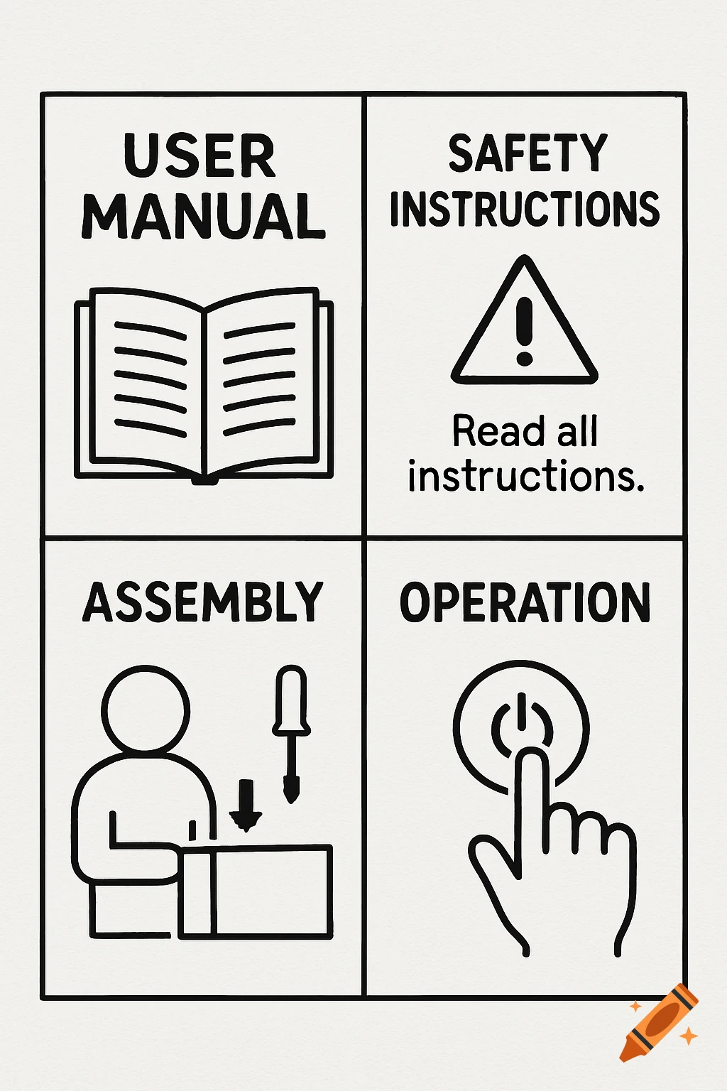 Line drawing of instructional panels for a user manual including ...