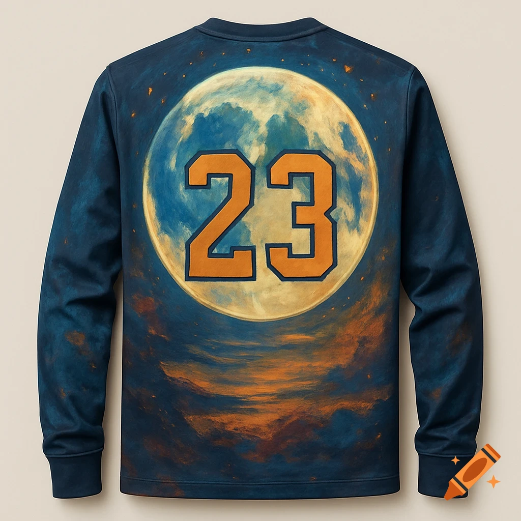 Dark blue long sleeve jersey back with a large painted moon and orange ...