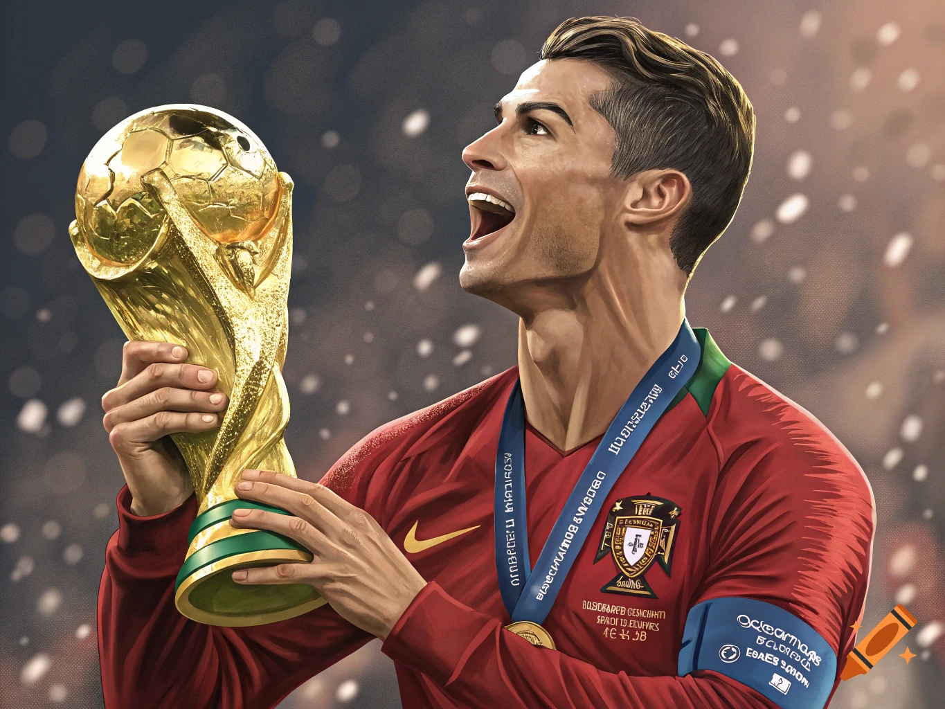 Illustration of Cristiano Ronaldo holding the World Cup trophy and ...