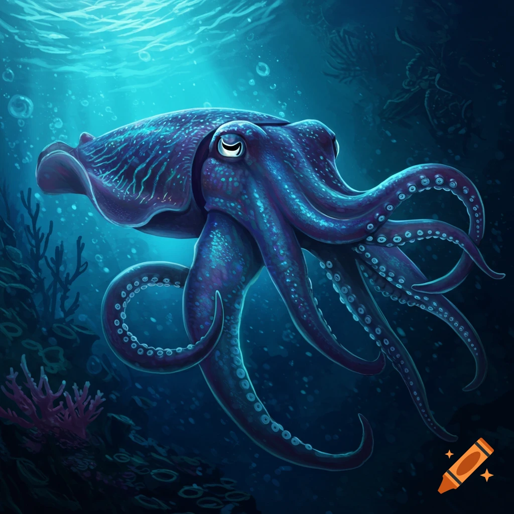 A blue and purple cuttlefish swims underwater near coral in a digital ...