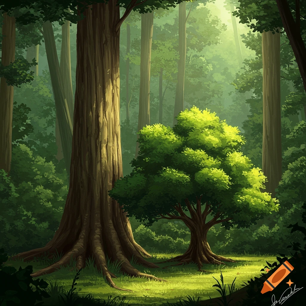 Illustration of a large tree and a small tree in a sunlit forest glade ...