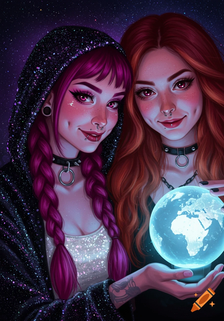 Two gothic women with piercings and vibrant hair hold a glowing globe ...