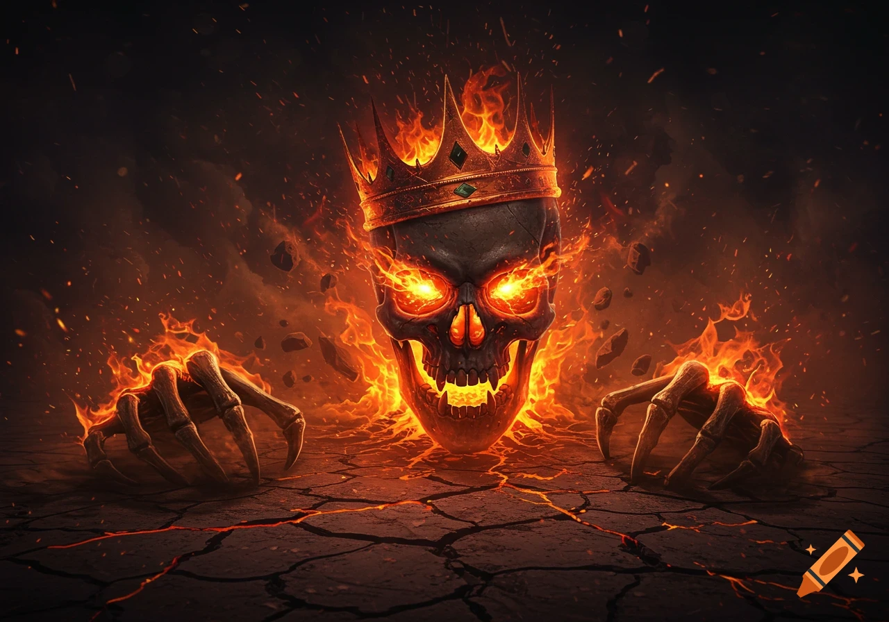 A fiery skull wearing a crown rises from cracked earth, surrounded by ...