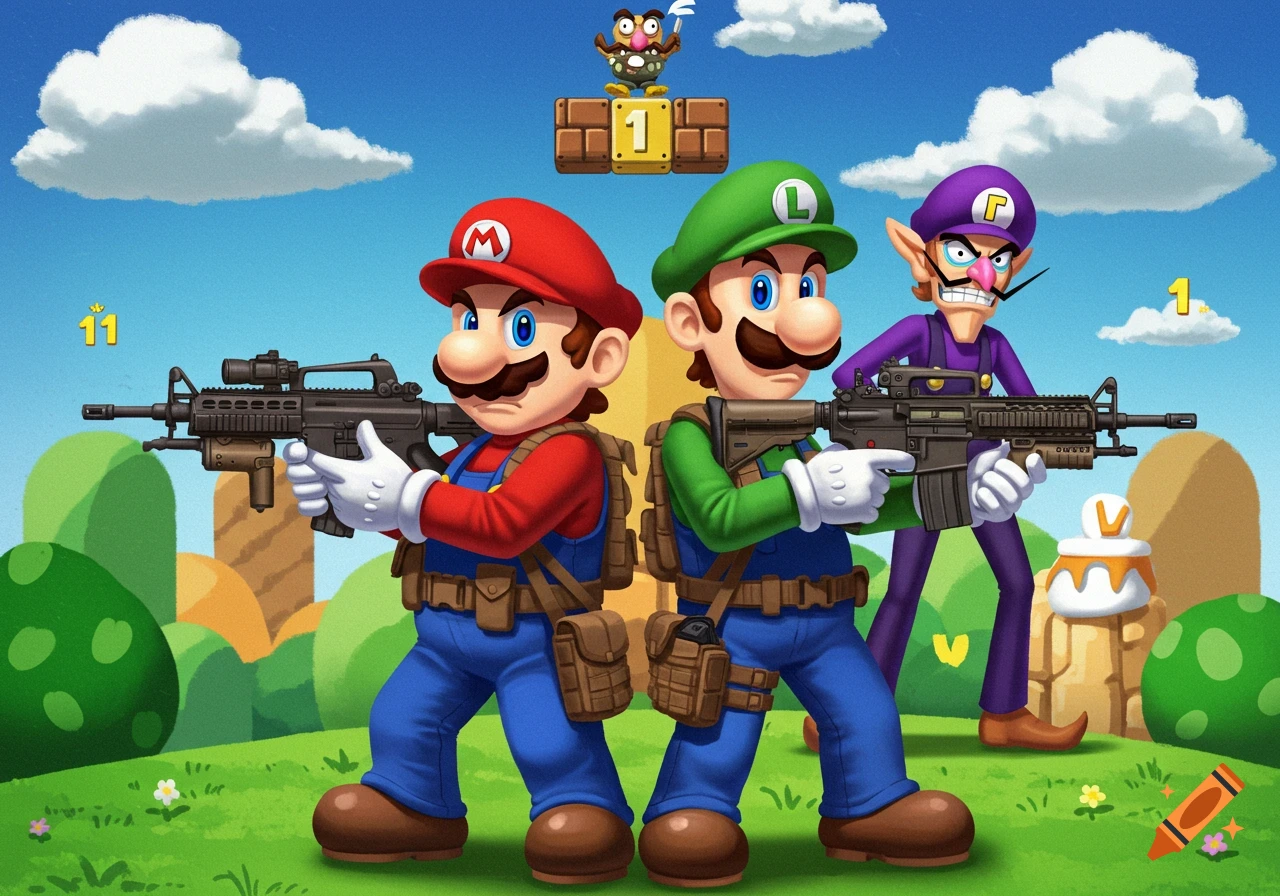 Mario and Luigi hold assault rifles in a Super Mario landscape with ...