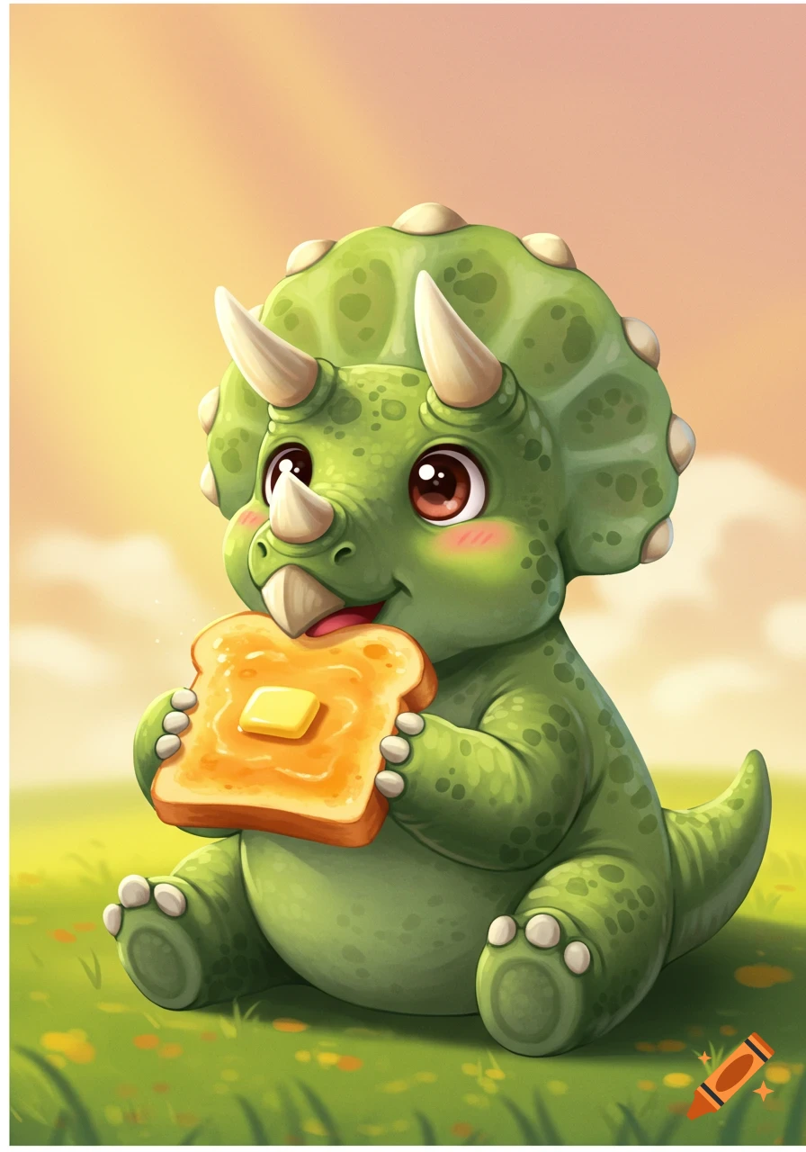 Cute cartoon dinosaur sitting in a field eating toast. on Craiyon