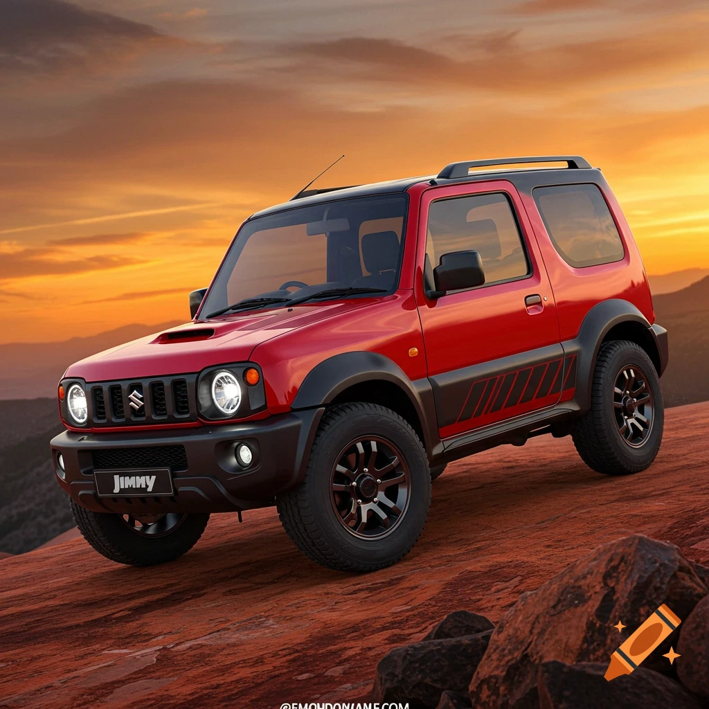 A red Suzuki Jimny parked on a rocky hill at sunset. on Craiyon